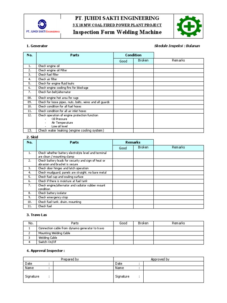 Inspection Form Welding Machine: Pt. Juhdi Sakti Engineering | PDF ...