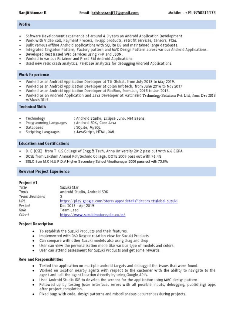 Ranjith Updated Resume | Download Free PDF | Mobile App | Android (Operating System)