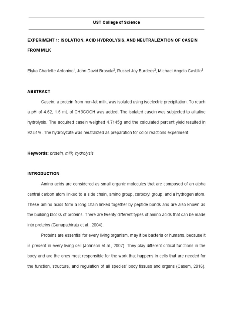 Isolation and Hydrolysis of Casein From Milk | PDF | Amino Acid | Proteins