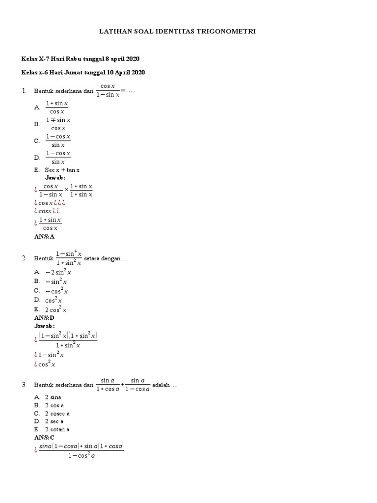 Latihan Soal Identitas Trignometri Pdf
