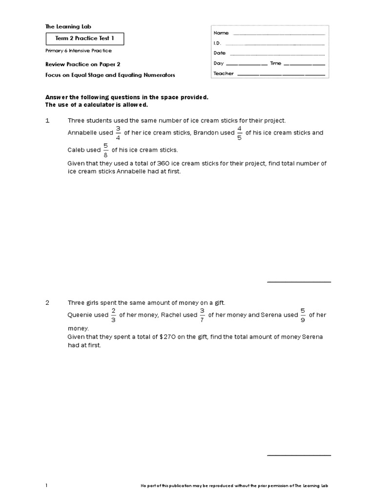 Primary 6 Math Practice: Equating Numerators | PDF