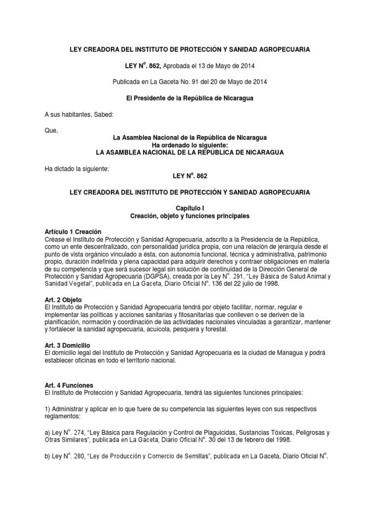Ley 862 Ley Creadora Del Instituto de Protección y Sanidad Agropecuaria ...