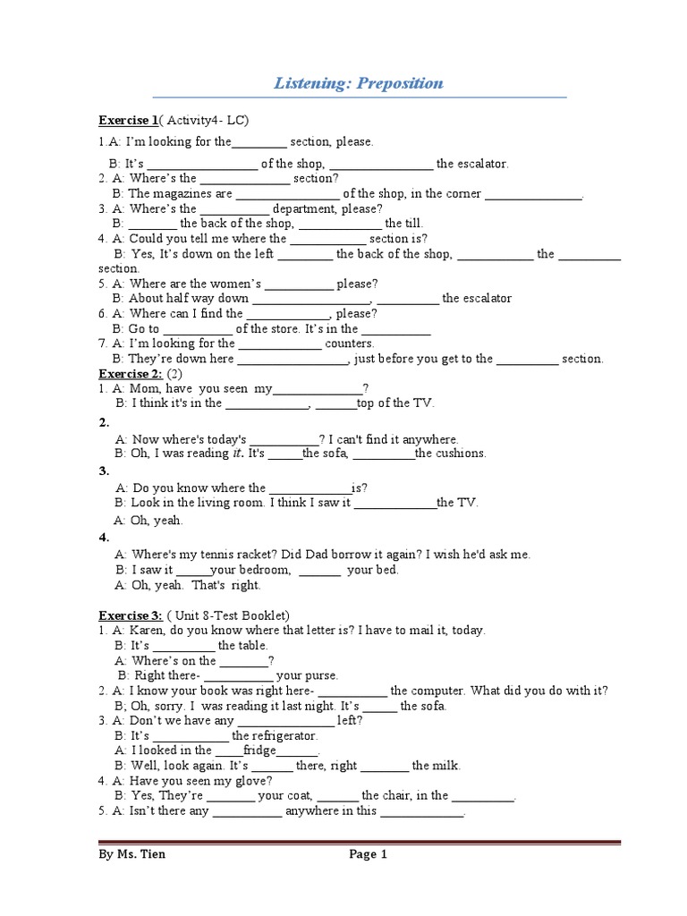 Listening: Preposition: Exercise 1 (Activity4-LC) | PDF