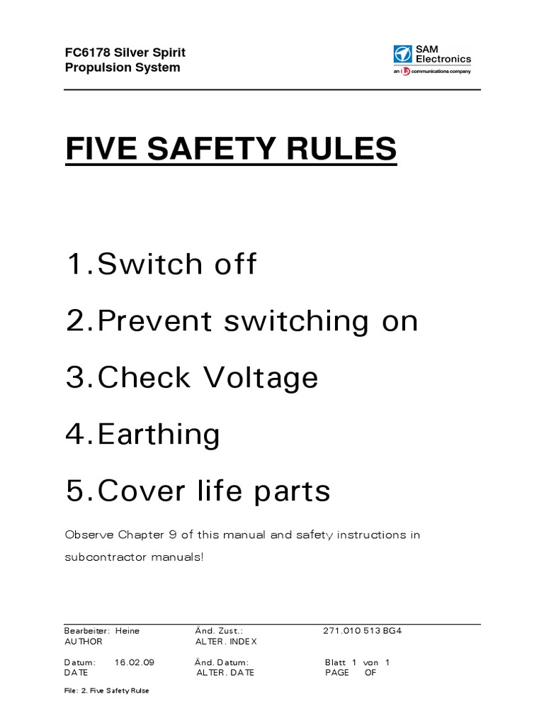 Five Safety Rules: 1. Switch Off 2. Prevent Switching On 3. Check ...