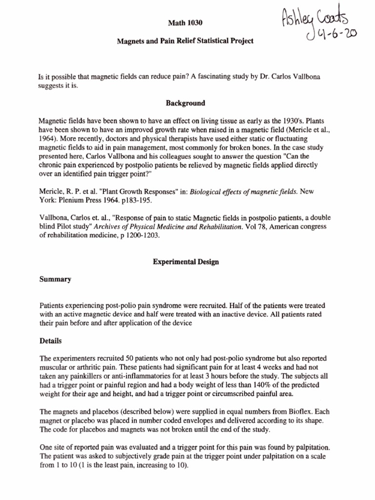 Math 1030 Magnets and Pain Relief Statistical Project | PDF