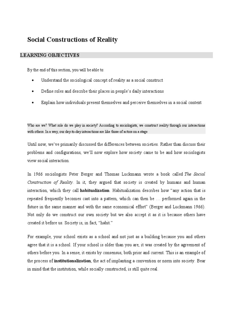 Social Construction of Reality | PDF | Social Constructionism | Sociology