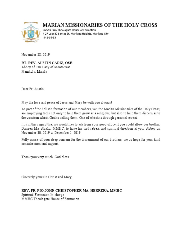 Request for a Religious Brother to Conduct a Personal Retreat and ...
