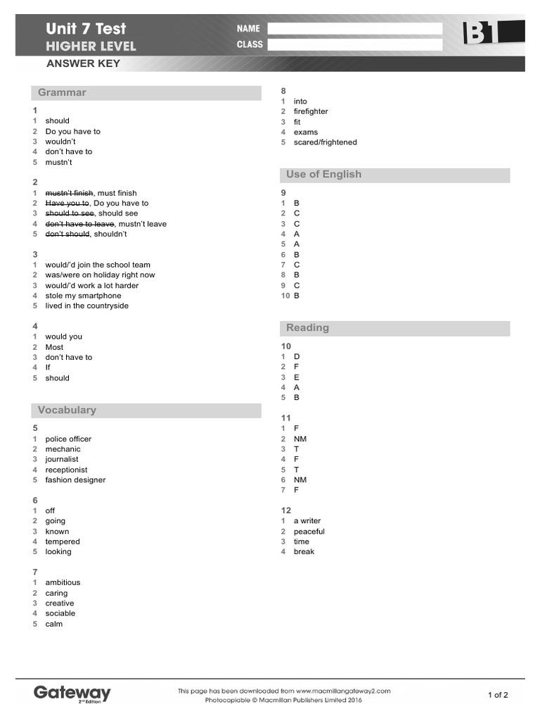 Gateway B1 Unit 7 Answer Key | PDF | Learning | Cognition