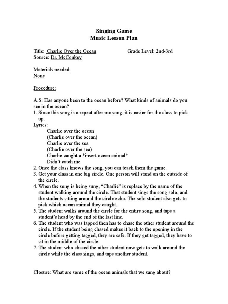 Charlie Over The Ocean Singing Game PDF | PDF | Singing | Songs