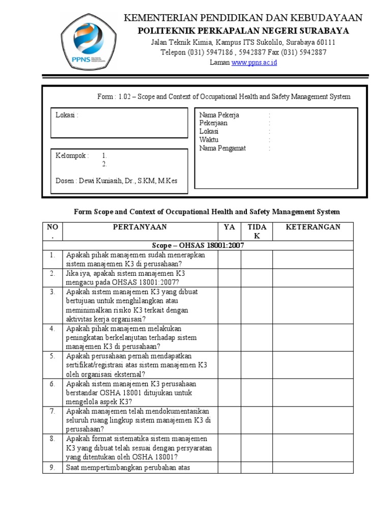 FORM INSPEKSI 1.02 - Scope and Context of Occupational Health and ...