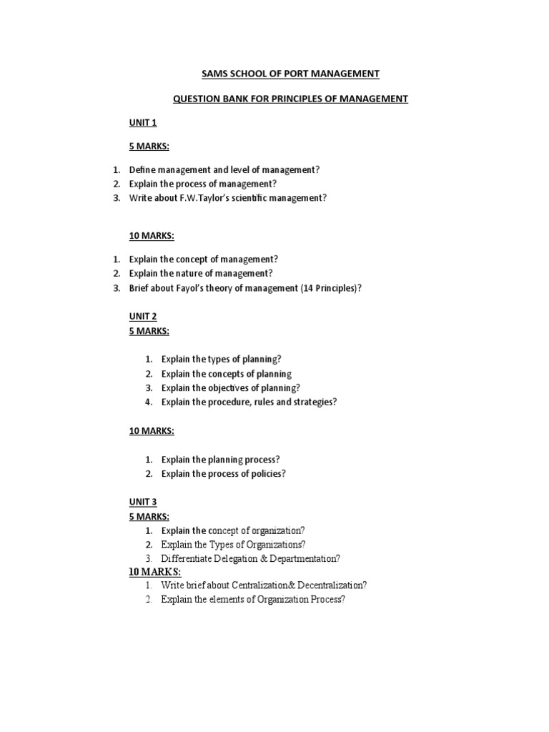 Sams School of Port Management Question Bank For Principles of ...