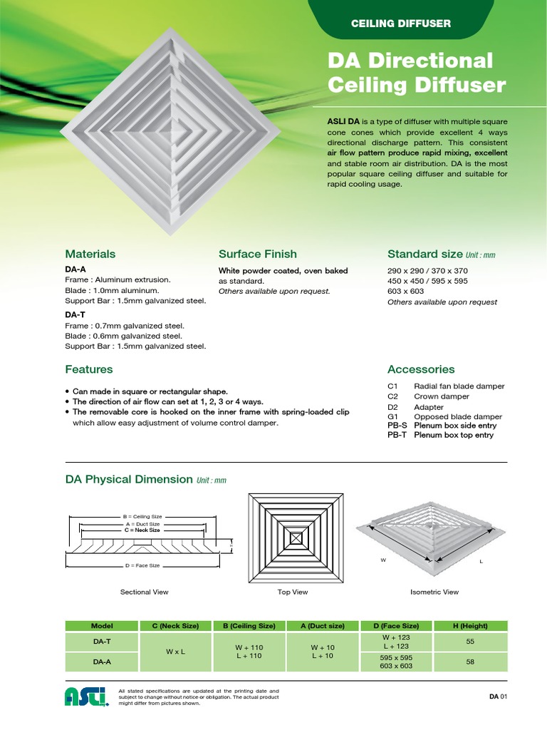 DA Directional Ceiling Diffuser | Download Free PDF | Duct (Flow ...