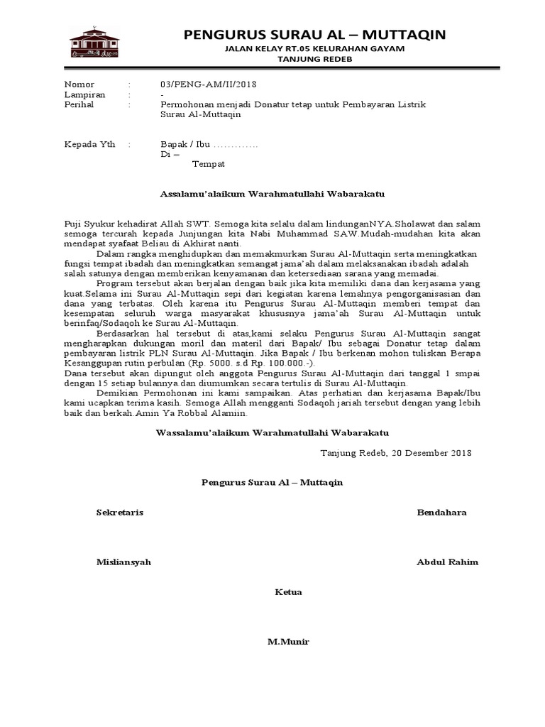 Surat Permohonan Menjadi Donatur Tetap Surau Al-Muttaqin | PDF