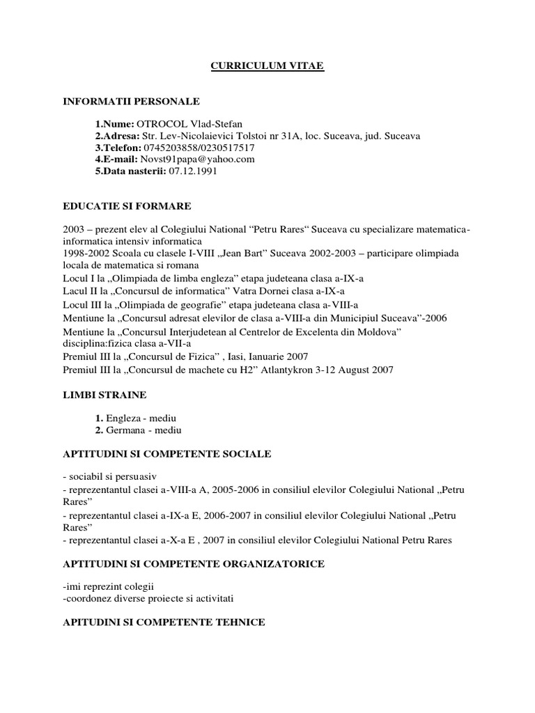Model Cv Elev Liceu Cursuri Online