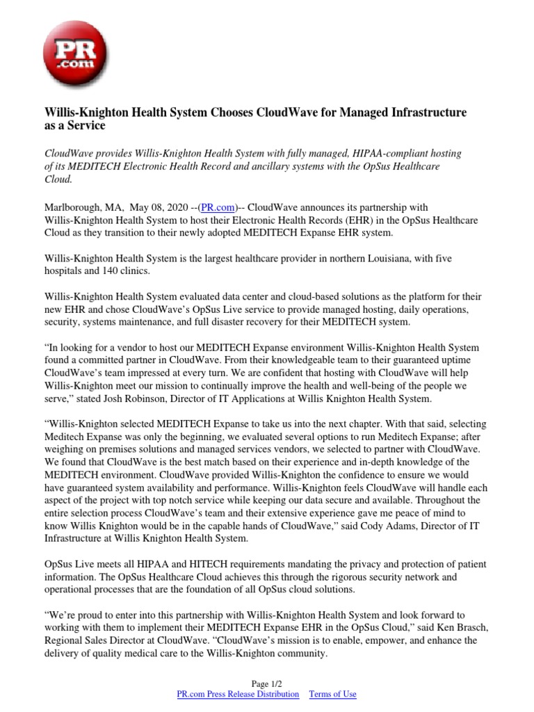 Willis-Knighton Health System Chooses CloudWave For Managed ...