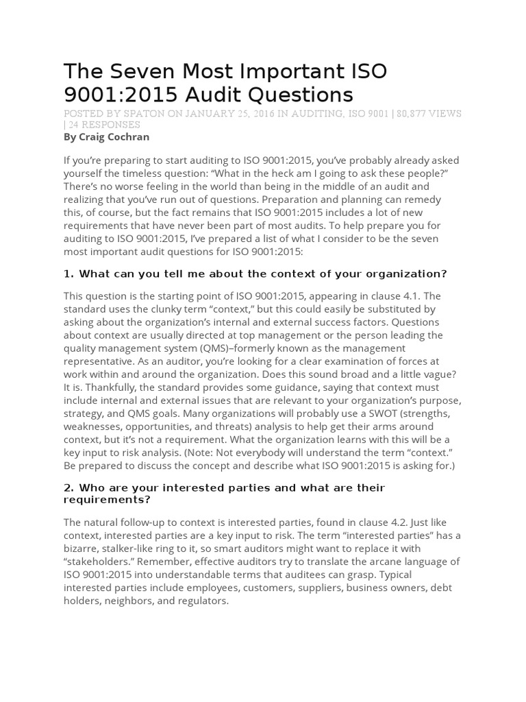 The Seven Most Important ISO 9001:2015 Audit Questions | PDF | Iso 9000 ...