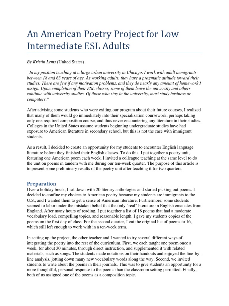 An American Poetry Project For Low Intermediate ESL Adults: Preparation ...