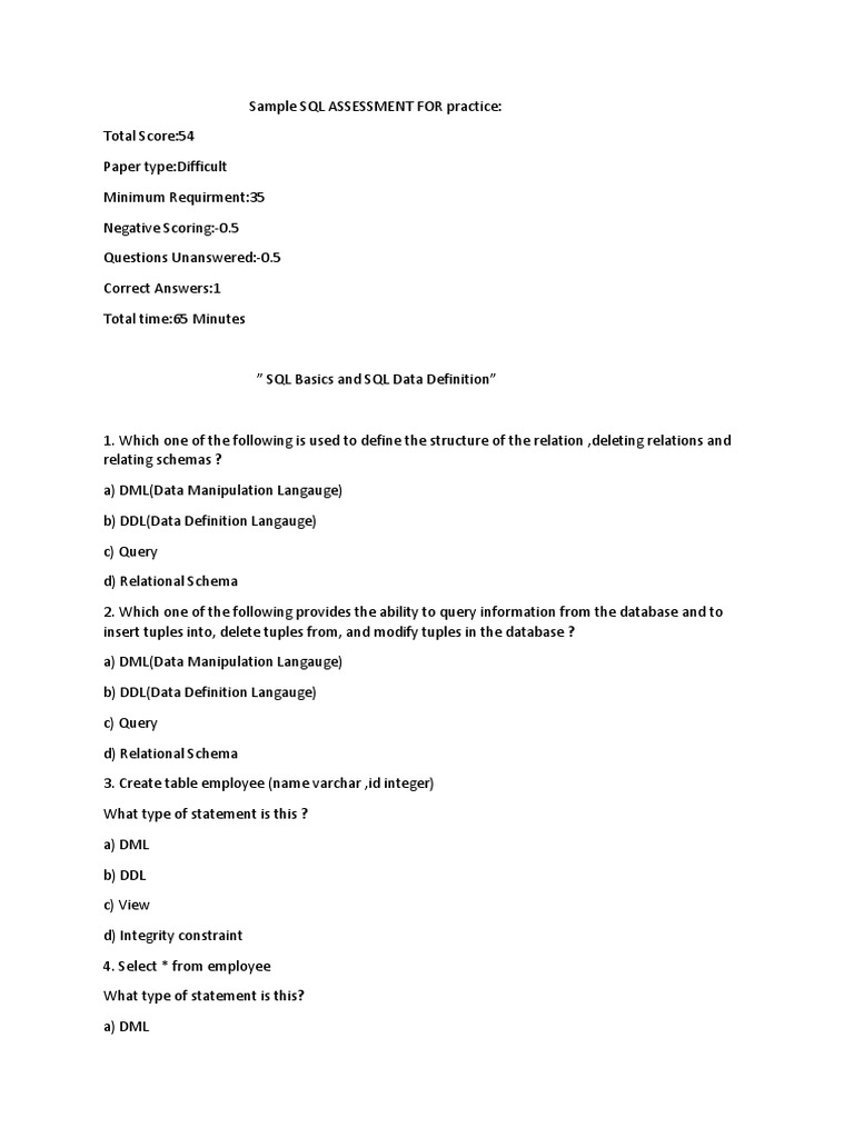 SQL Sample MCQ dc5 | PDF | Relational Model | Relational Database