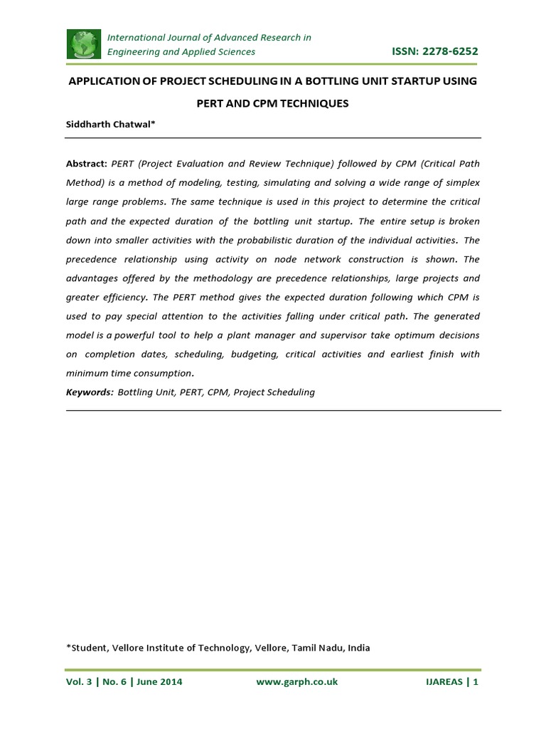 Application of Project Scheduling in A Bottling Unit Startup Using Pert and CPM Techniques | PDF ...