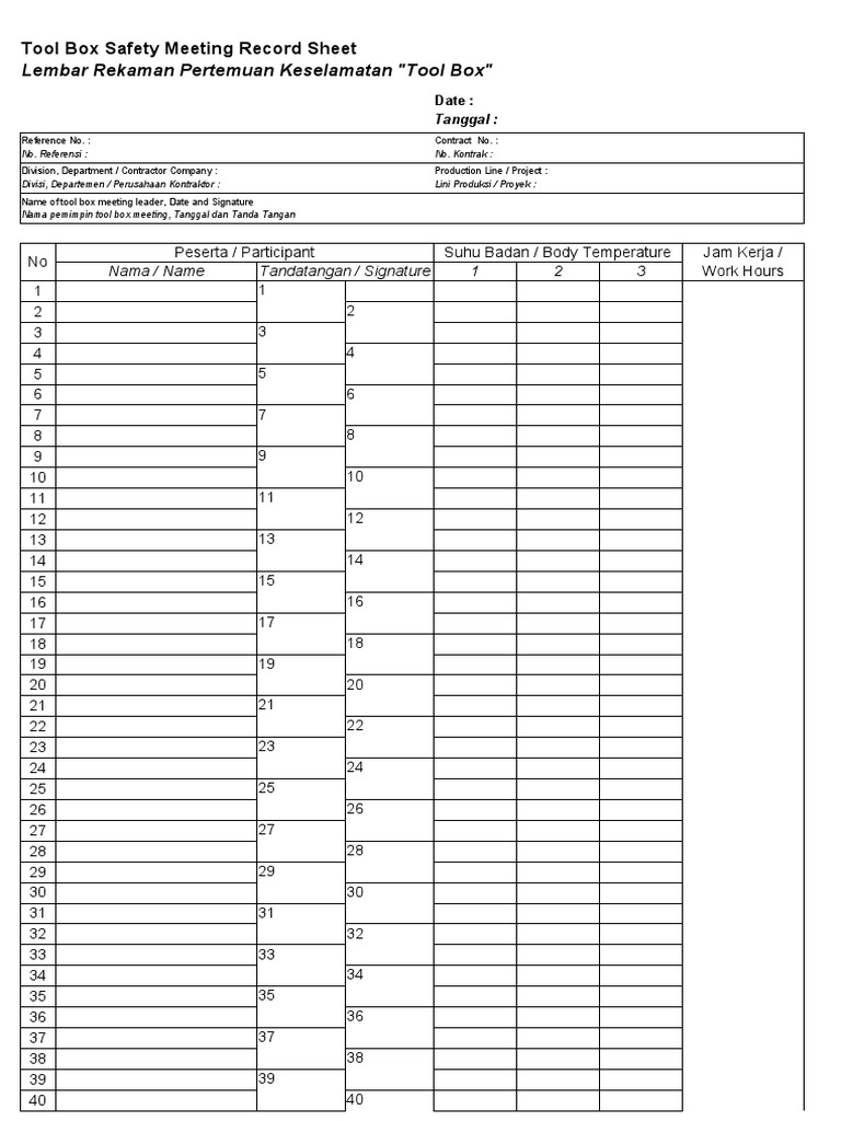 Tool Box Safety Meeting Record Sheet | PDF
