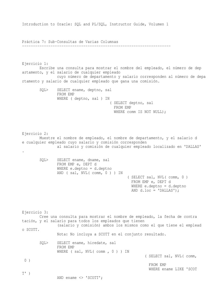 Respuestas Oracle Pl Sql Practica 7 Pdf Sql Datos De Computadora