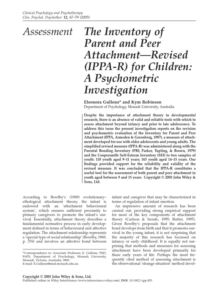 Assessment: The Inventory of Parent and Peer Attachment-Revised (IPPA-R ...