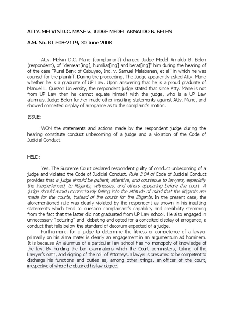Atty. Melvin D.C. Mane V. Judge Medel Arnaldo B. Belen A.M. No. RTJ-08 ...