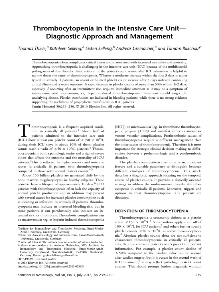 Thrombocytopenia in The Intensive Care Unit - Diagnostic Approach and ...