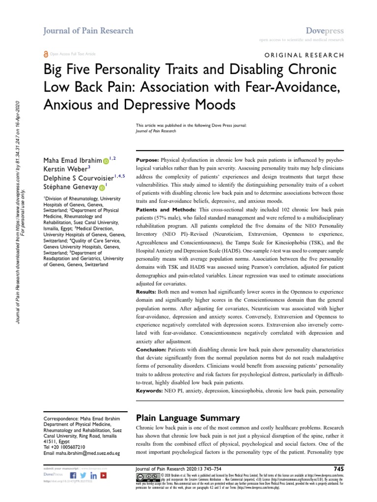 JPR 237522 Big Five Personality Traits and Disabling Chronic Low PDF ...