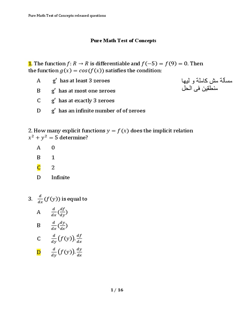 Pure Math Test of Concepts Released Questions | PDF | Acceleration ...