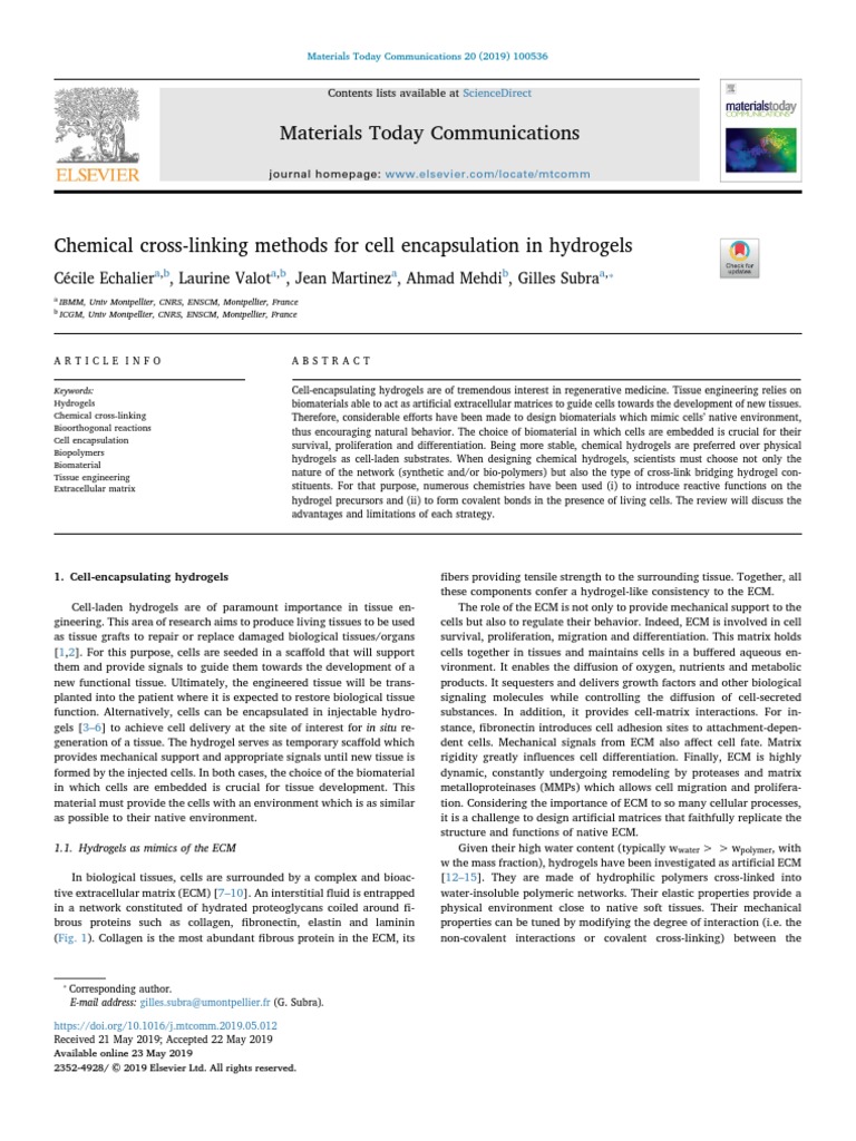 Chemical Cross-Linking Methods For Cell Encapsulation in Hydrogels ...