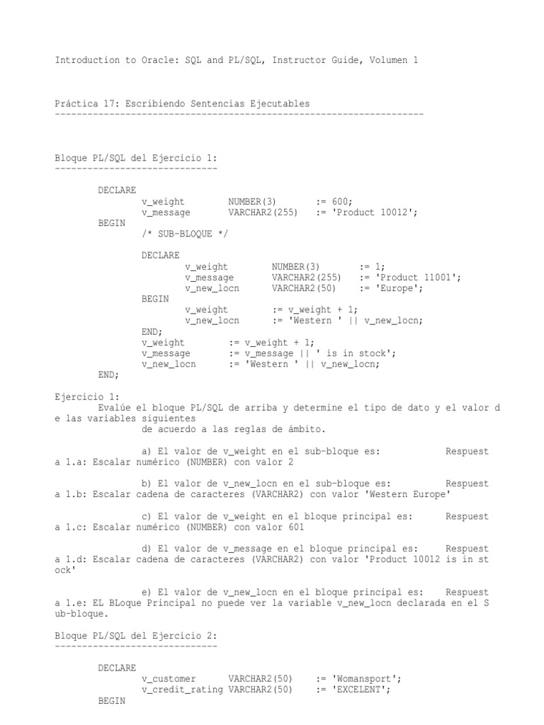 Respuestas Oracle PL-SQL Practica 17 | PDF | Pl / Sql | SQL Respuestas Oracle PL-SQL Practica 17 | PDF | Pl / Sql | SQL
