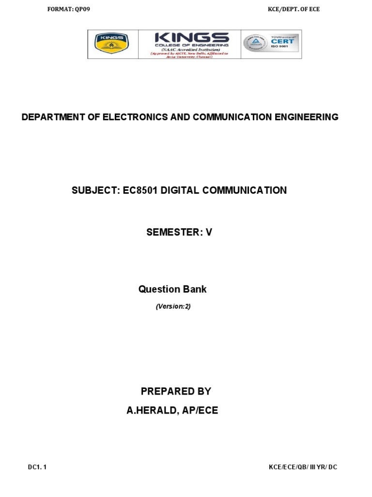 Subject: Ec8501 Digital Communication: Department of Electronics and Communication Engineering ...