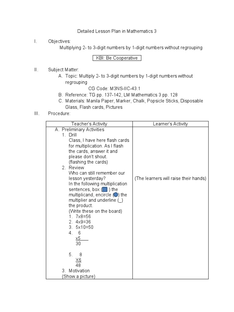 Detailed Lesson Plan in Mathematics 3 | PDF | Multiplication | Teaching ...