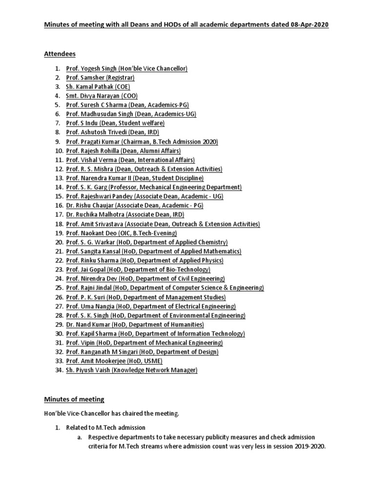 Minutes of Meeting With All Deans and Hods of All Academic Departments ...