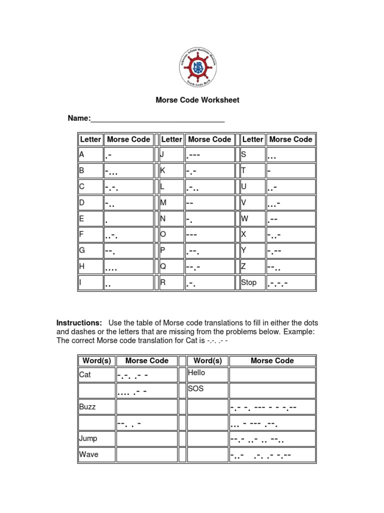 Morse Code Worksheet PDF | Download Free PDF | Ships | Transport