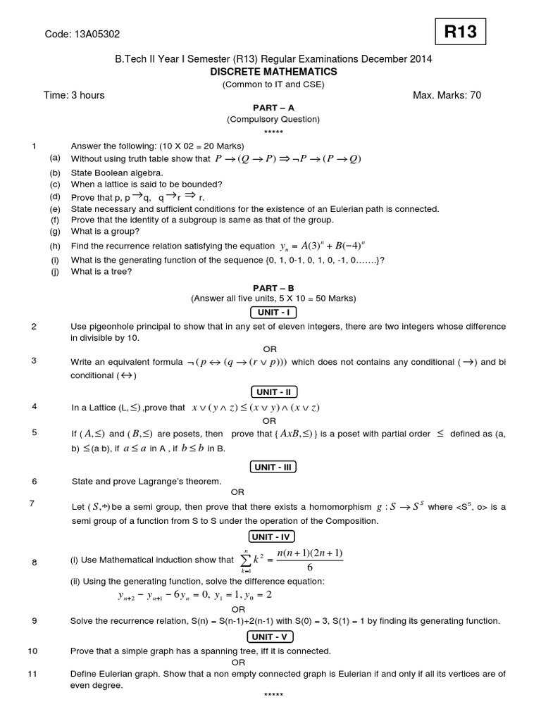Discrete Mathematics Exam Paper R13 | PDF | Group (Mathematics ...