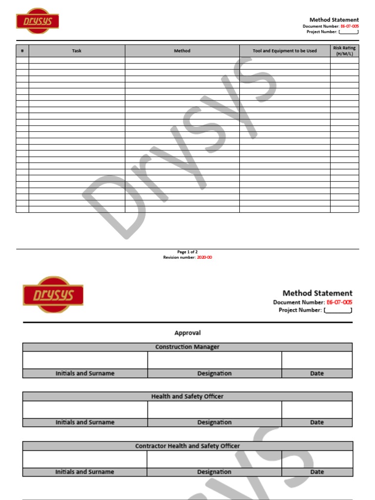 Method Statement: # Task Method Tool and Equipment To Be Used Risk ...