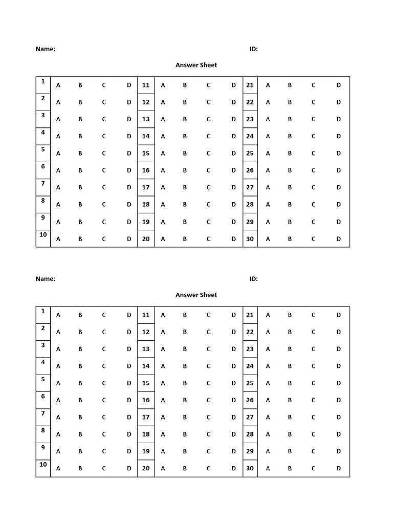 Standardized Multiple Choice Answer Sheet with Name and Identification ...