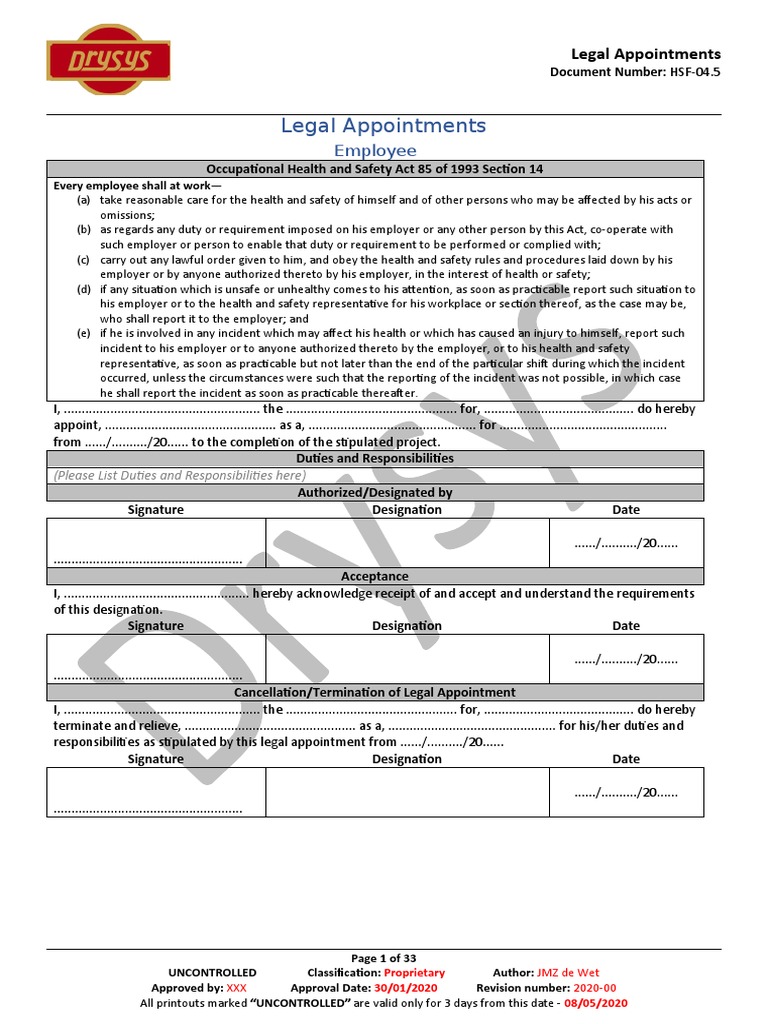 OHS Act Legal Appointments Template | PDF | Occupational Safety And ...