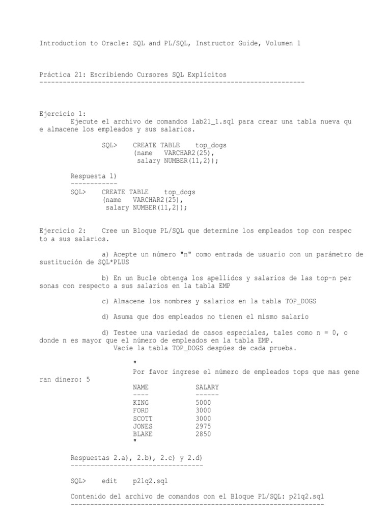 Respuestas Oracle PL-SQL Practica 21 | PDF | Pl / Sql | SQL