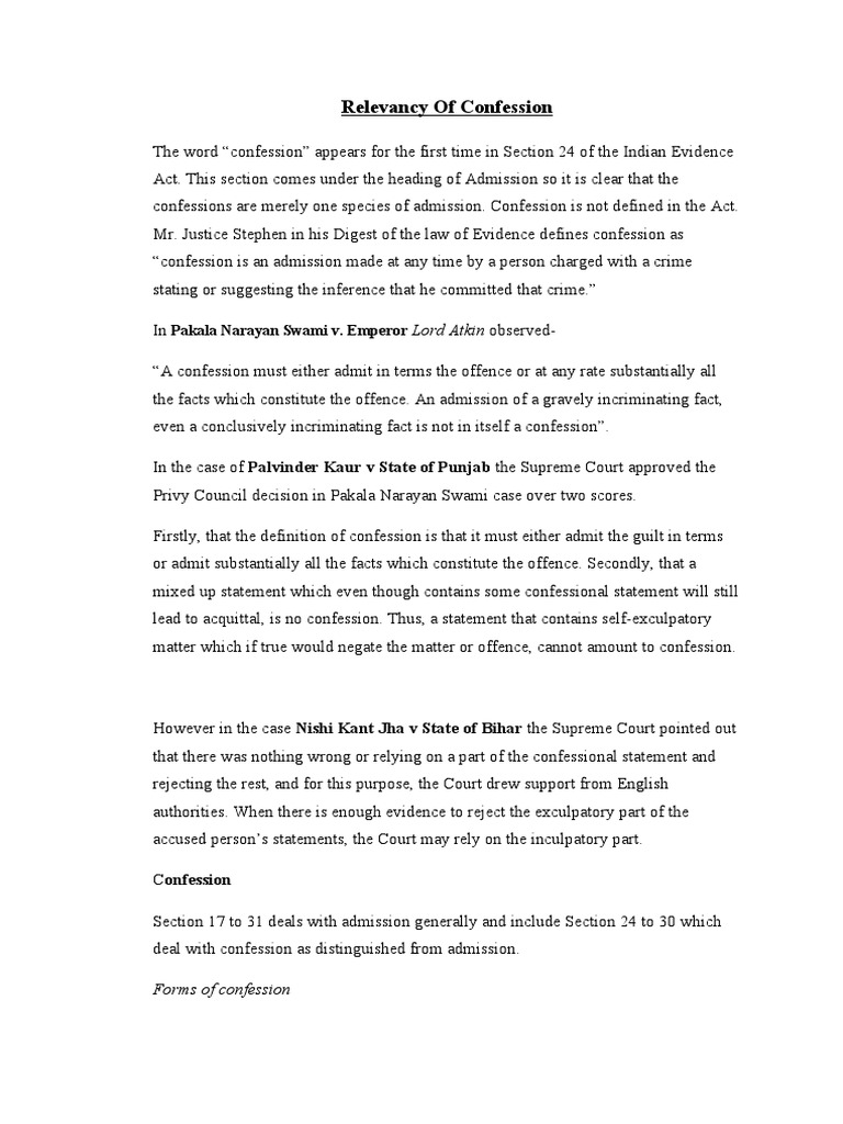 Relevancy of Confession: Lord Atkin Observed | PDF | Confession (Law ...