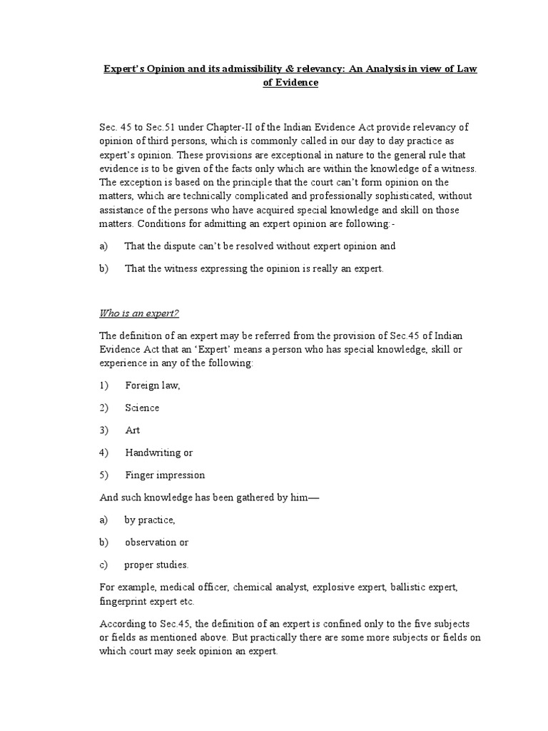 Expert's Opinion and Its Admissibility & Relevancy: An Analysis in View ...