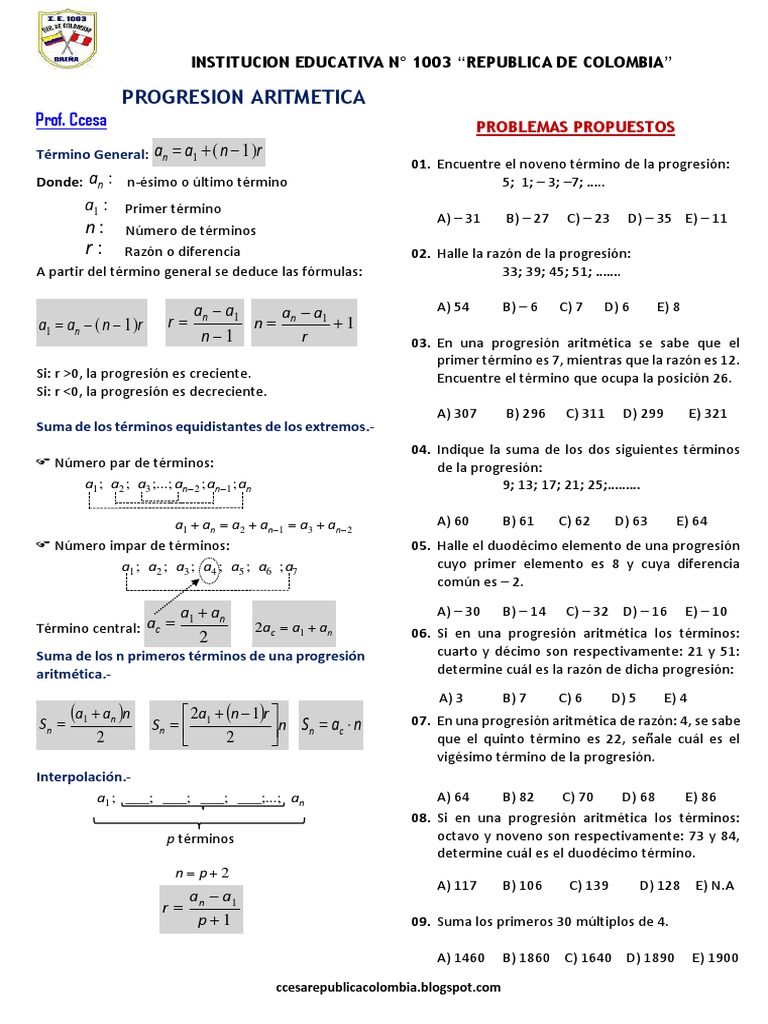 Teoria y Problemas Propuestos de Progresiones Aritmeticas PA34 Ccesa007 | PDF | Enseñanza de ...