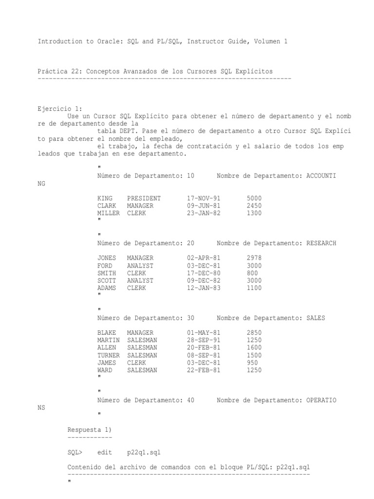 Respuestas Oracle PL-SQL Practica 22 | PDF | Software de gestión de datos | Modelo de datos