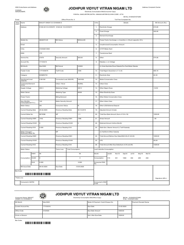 Jodhpur Vidyut Vitran Nigam LTD | PDF | Payments | Power (Physics)