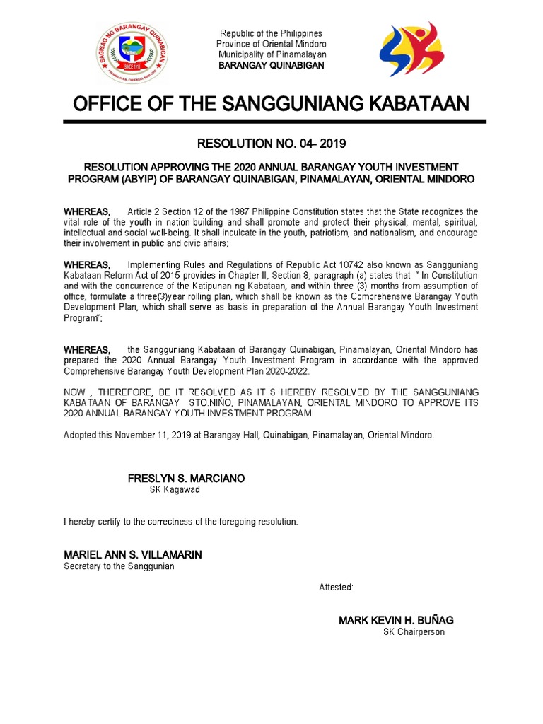 Office of The Sangguniang Kabataan: RESOLUTION NO. 04-2019 | PDF