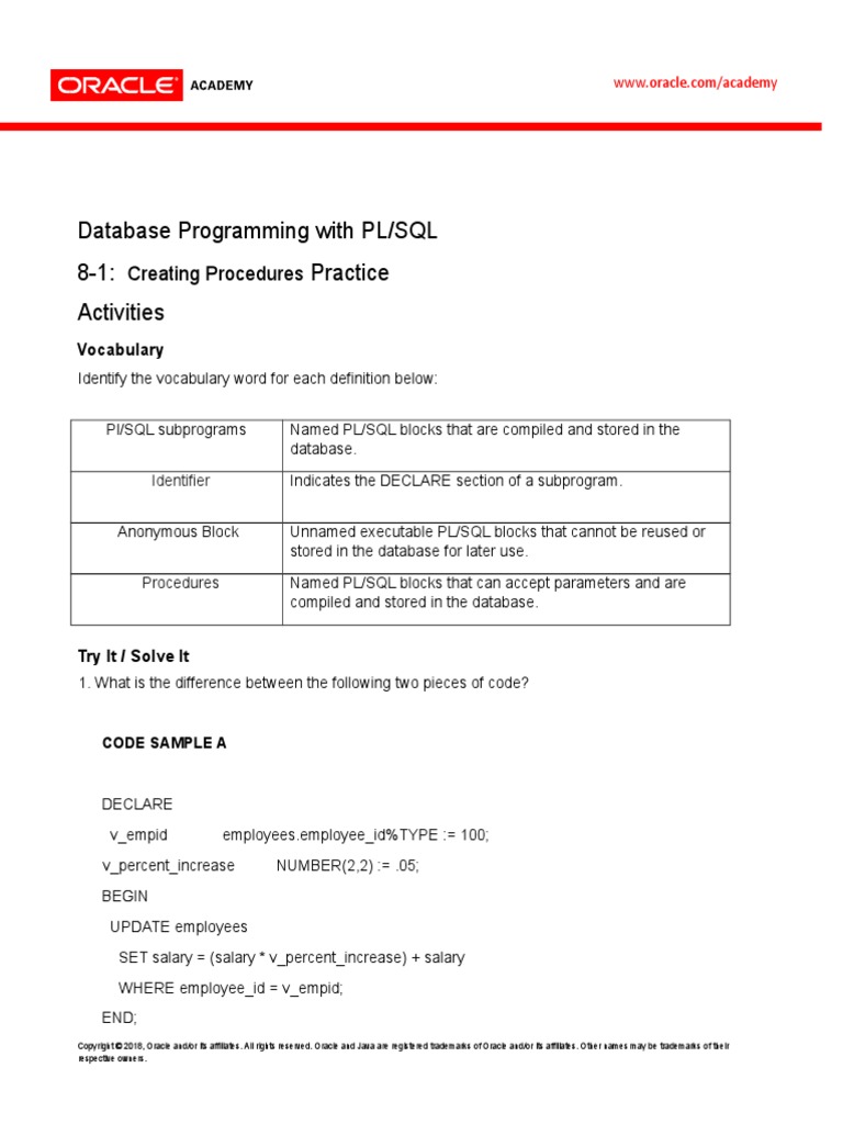 PLSQL 8 1 Practice Complete PDF | PDF | Pl/Sql | Oracle Database