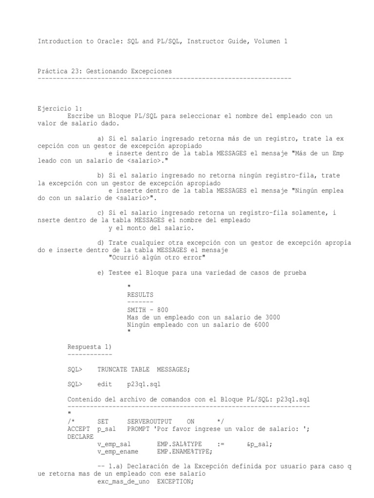 Respuestas Oracle PL-SQL Practica 23 | Descargar gratis PDF | Pl / Sql | SQL