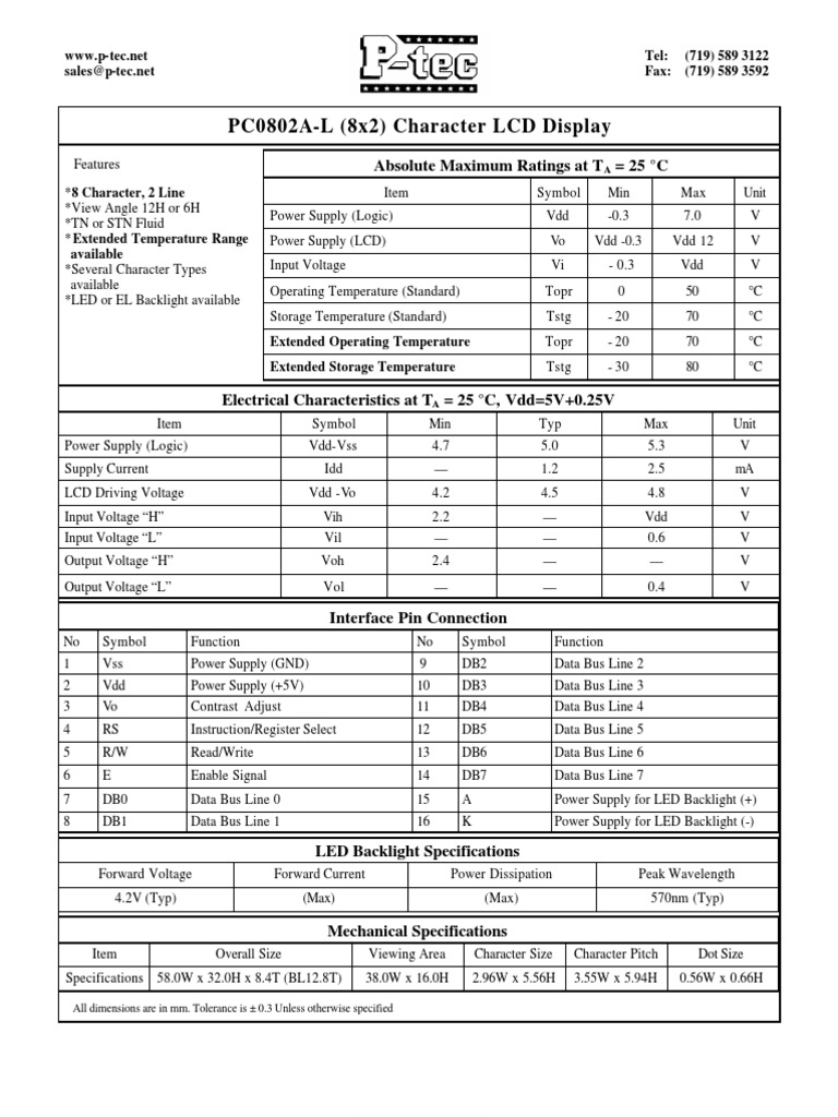 Datasheet LCD 8x2 | Liquid Crystal Display | Backlight